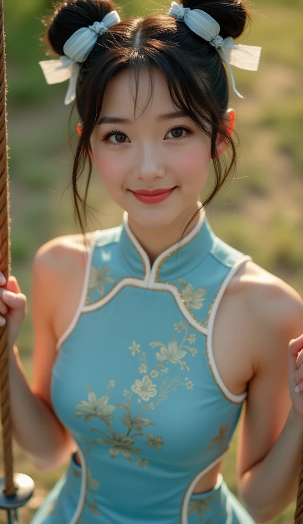 High angle closeup Portrait of slim younger Teenage Chun Li - SeaArt AI