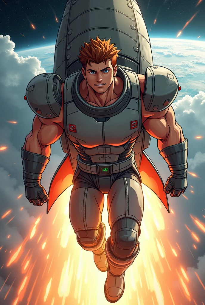 A 20-year-old muscular male character personifying a space rocket ...