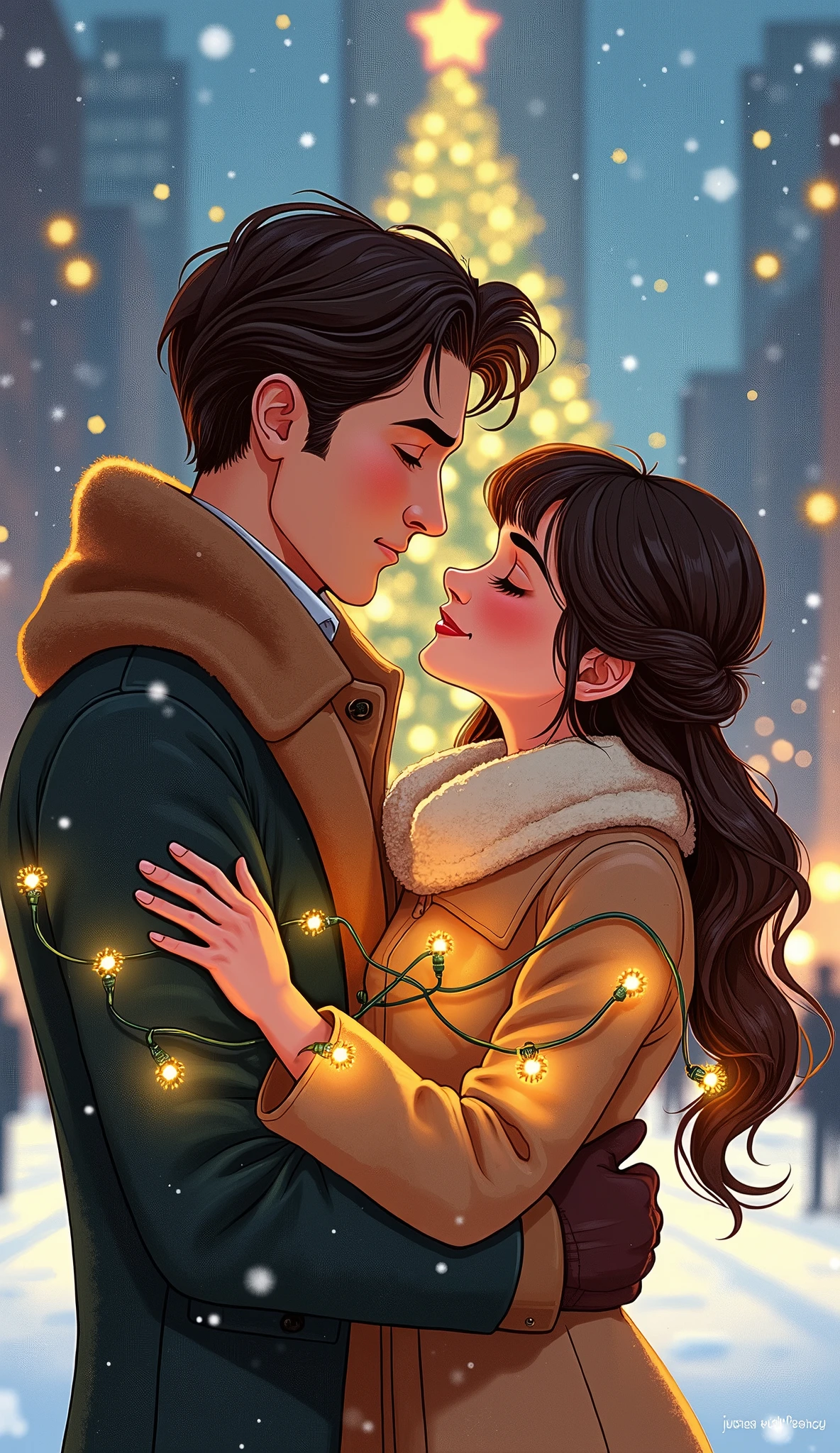 There is a man and woman hugging in front of a christmas tree - SeaArt AI
