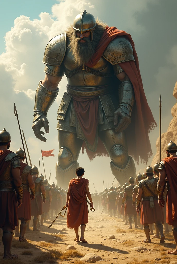 Make me a realistic picture of David vs Goliath, based on the Bible ...