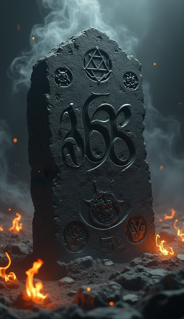 The number 666 engraved on a dark stone with hidden symbols all around ...