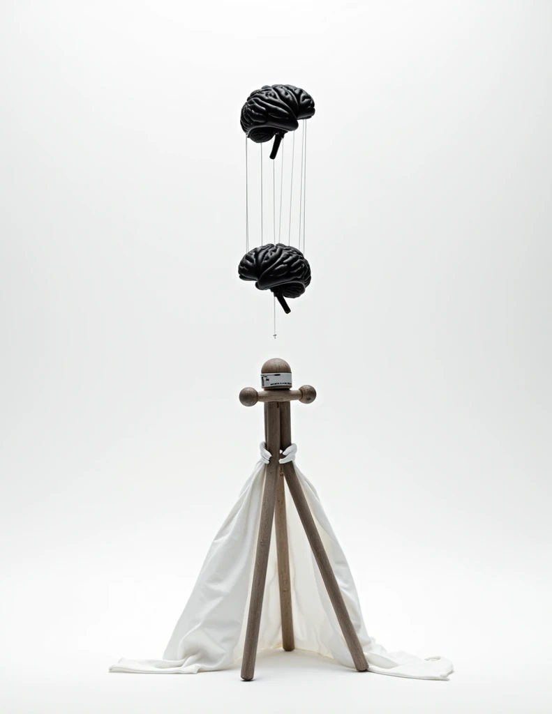 Create a puppet stand, holding a black human brain by strings - SeaArt AI