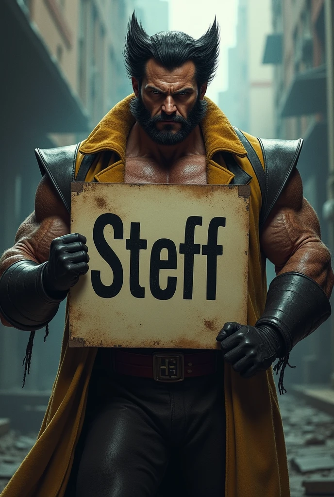 Wolverine is holding a poster where “My name is Steff on it - SeaArt AI