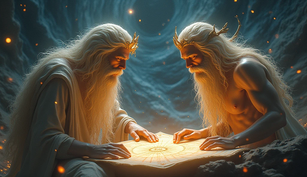 Two celestial beings engaged in a debate over a star map, one exasperated while - SeaArt AI