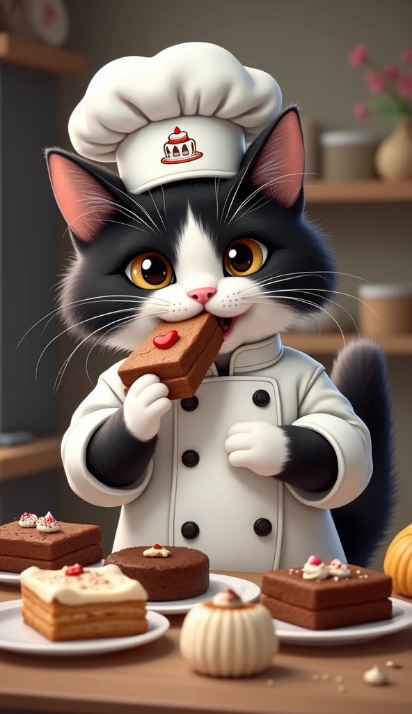 Cat eating desserts, brownies, cookies that the cat's fur is black and ...