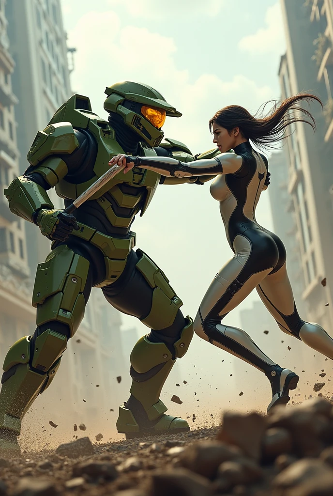 Master chief fighting 2b - SeaArt AI