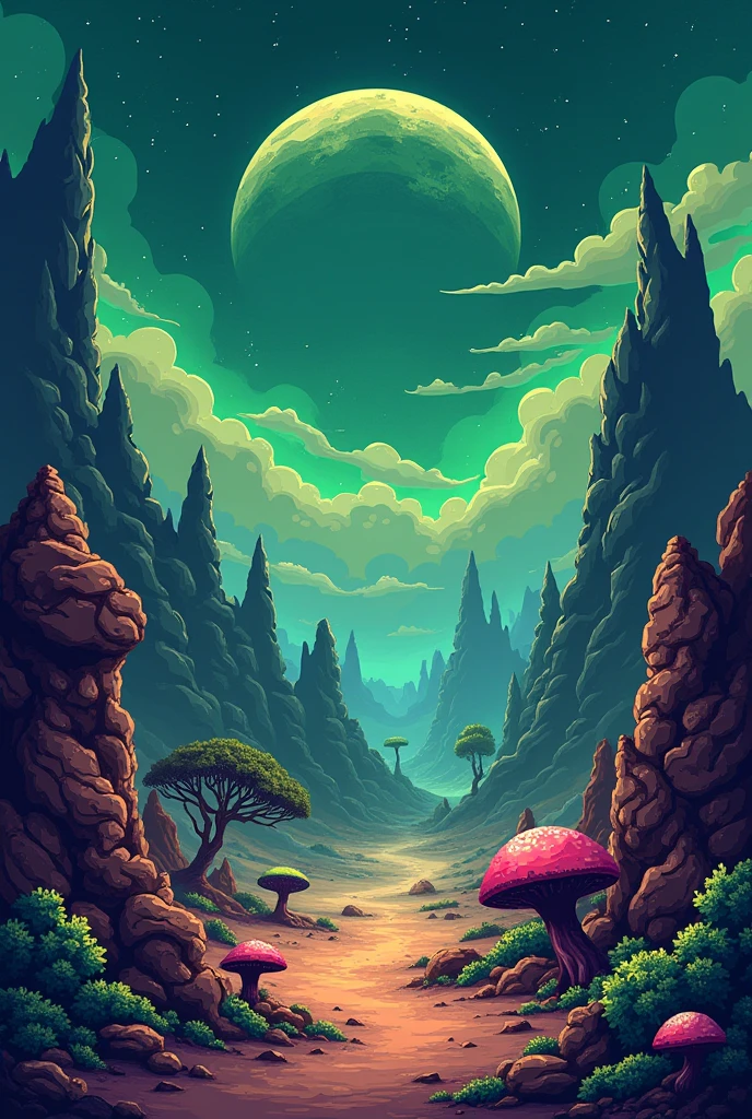 An alien background designed in the style of Metal Slug , with detailed ...