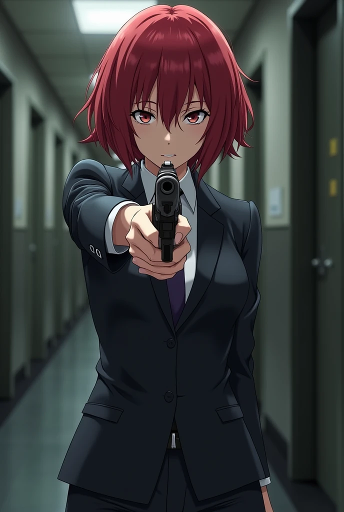 Adult woman short red hair formal clothing of an agent, cold and ...