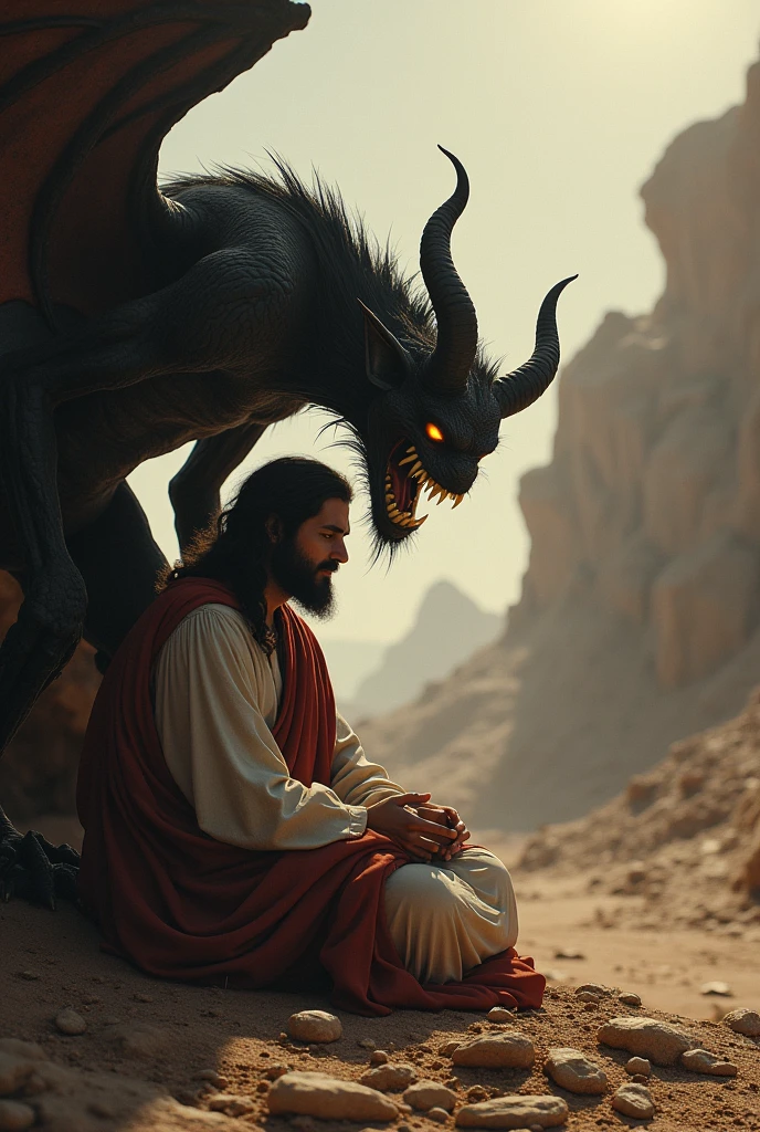 Devil trying to whisper in the ear of Jesus in the desert - SeaArt AI