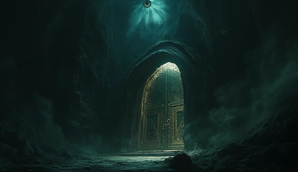 A dark and haunting image of an ancient vault door, partially open ...