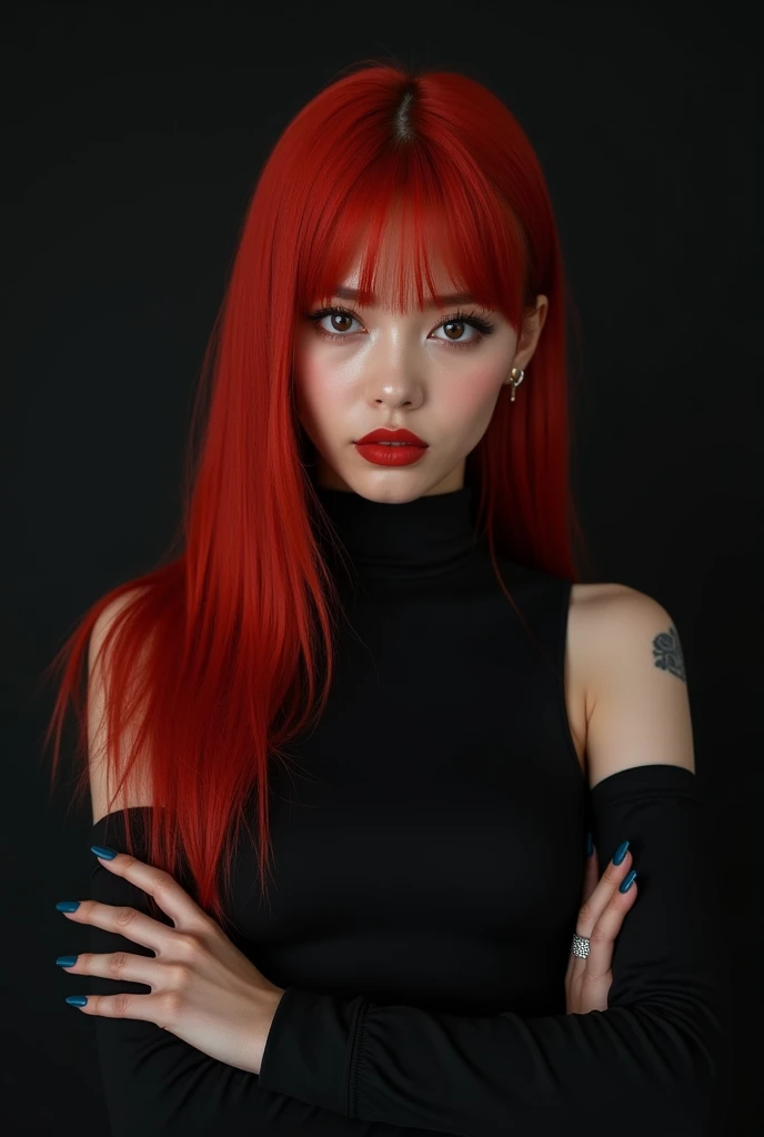 A beautiful woman, red hair, face of Lisa from Blackpink, with bangs ...
