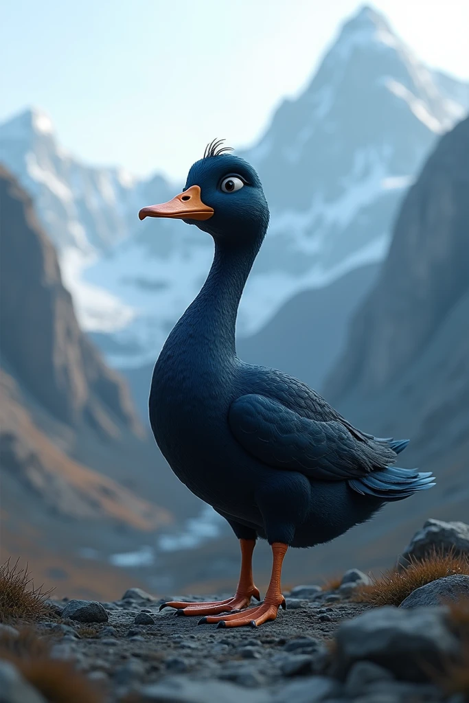 A anthro dark blue duck looking to the horizon, staing in a mountain ...