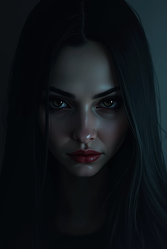 Face of a sinister woman in the dark with a single color with lights ...