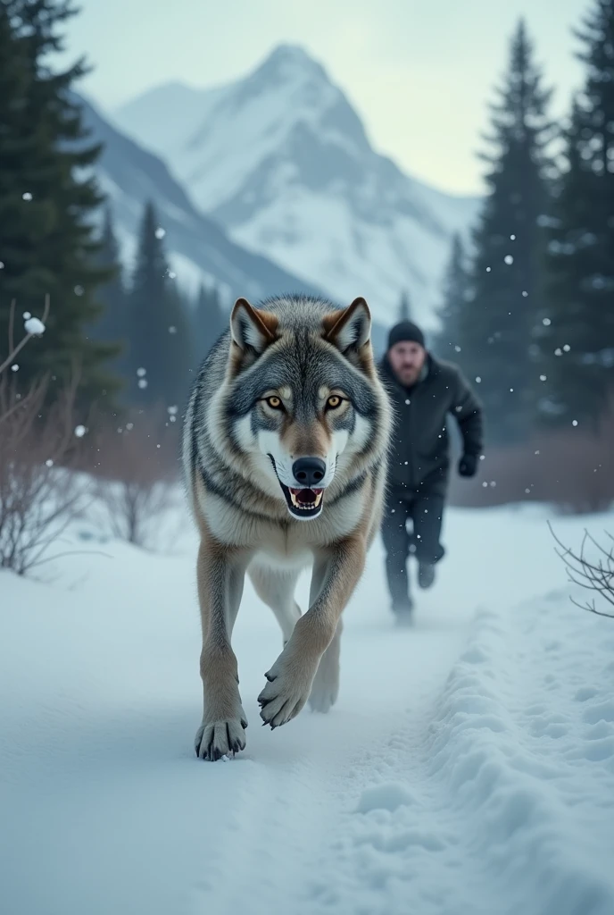 8k image of a wolf running after a man - SeaArt AI
