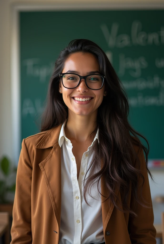 Smiling woman with glasses and a brown jacket standing in front of a ...