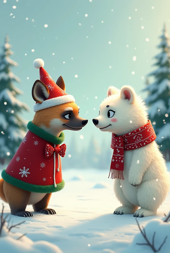 Christmas hyena and polar bear staring at each other in the snow ...