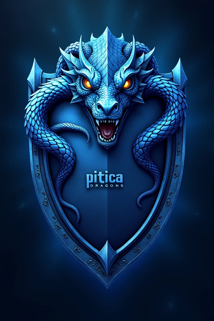 Blue gamer shield , with a drawing of a hydra, and a logo written by ...