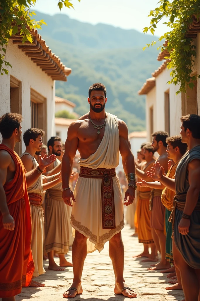 Hasme a tall, strong, charismatic young man in an ancient Greek village ...