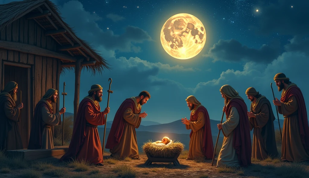 Shepherds arrive at the stable to worship the baby Jesus. The scene is ...