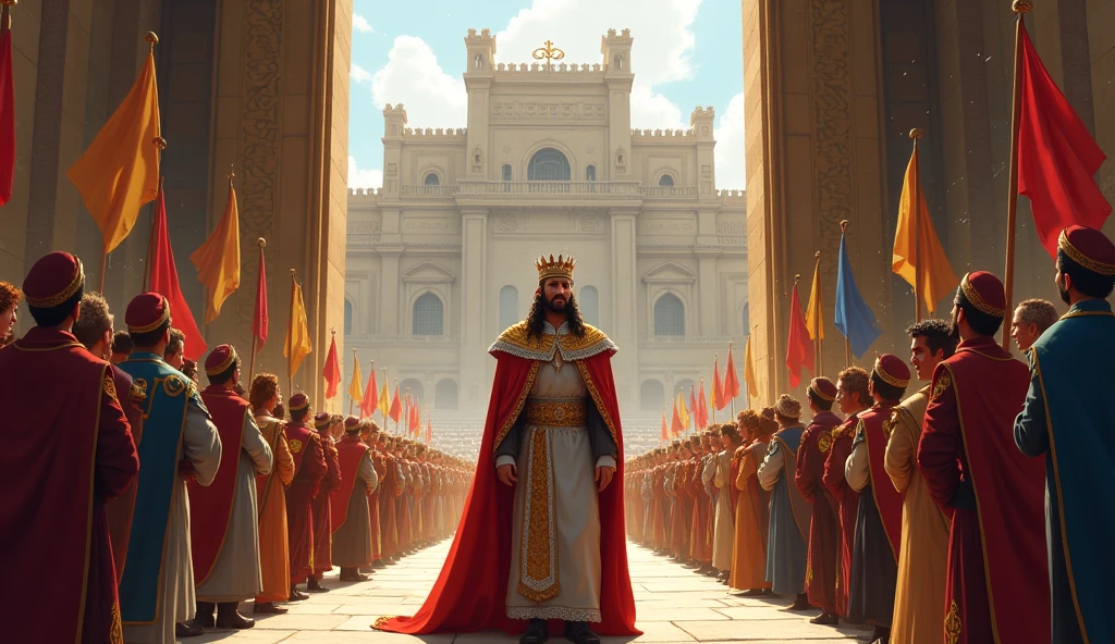 The king steps through the grand gates of his palace, greeted by a ...