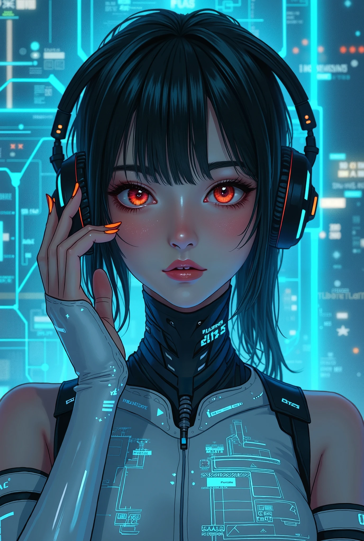 Anime girl with headphones and glowing eyes in front of a futuristic ...