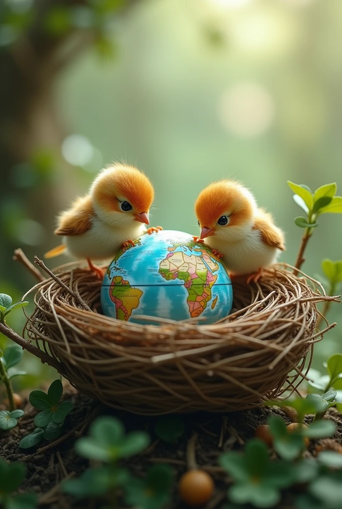 Bird's nest with the globe inside and two little birds placing sticks ...