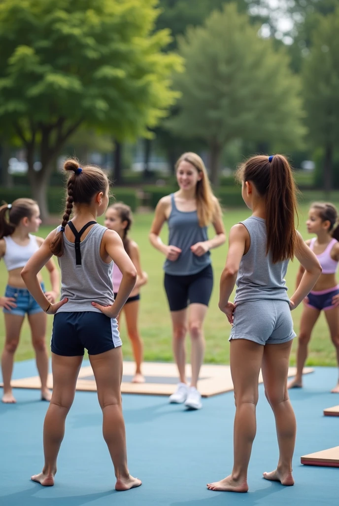 Photo 1 Mother teacher and 6 female students doing healthy gymnastics ...