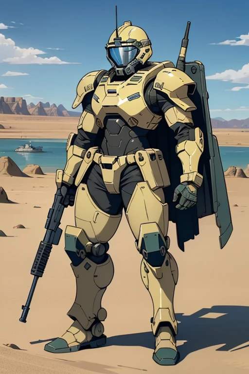 Sci-fi, In front of a lake in the desert, battle armor , vast battle ...