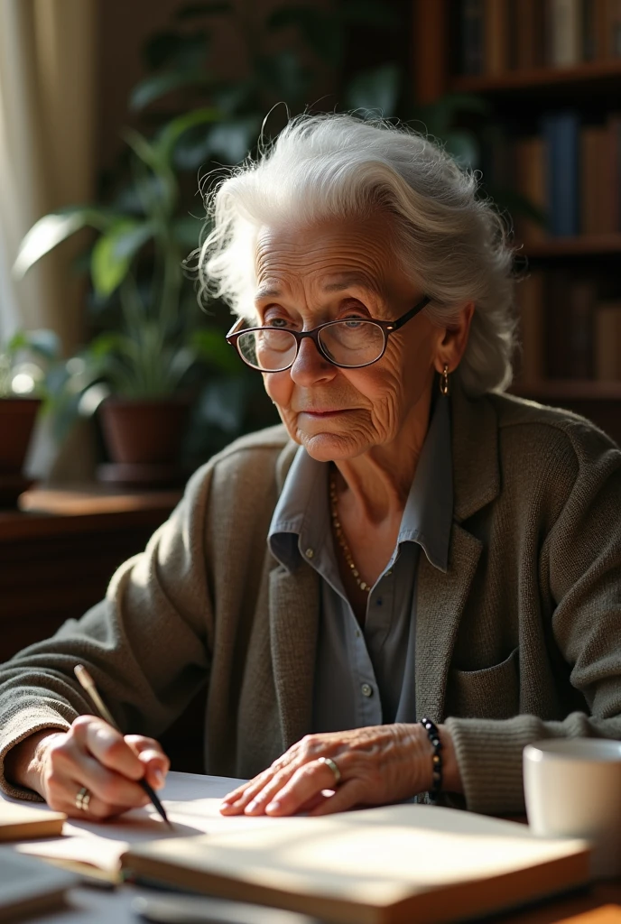 A woman over 60 working on a project or reading with a focused and ...