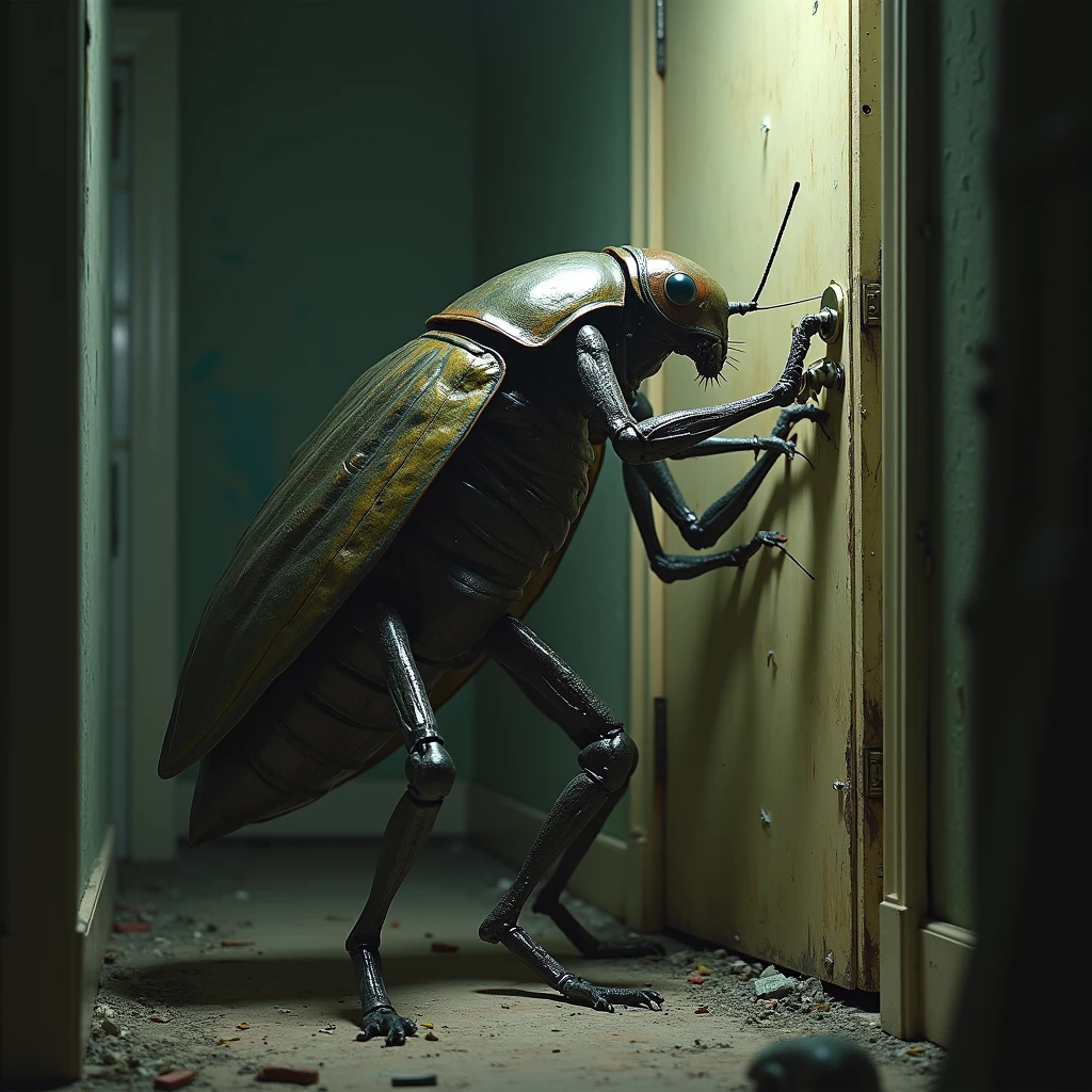 Human-sized cockroach standing trying to open a locked door - SeaArt AI
