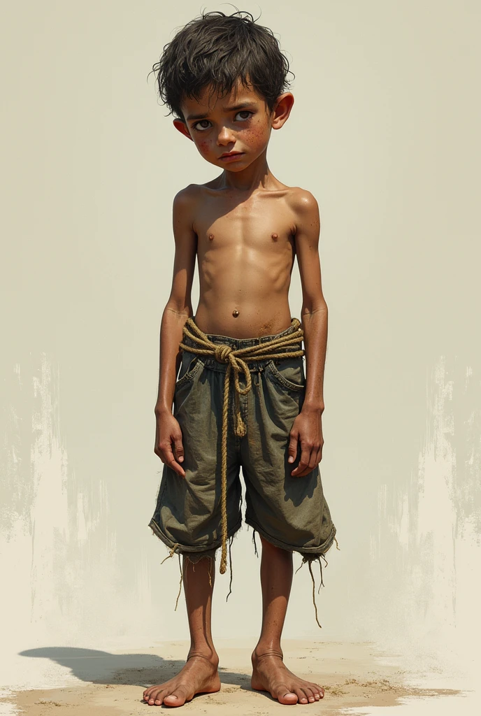 A barefoot boy with an emaciated face , malnourished and dirty - SeaArt AI