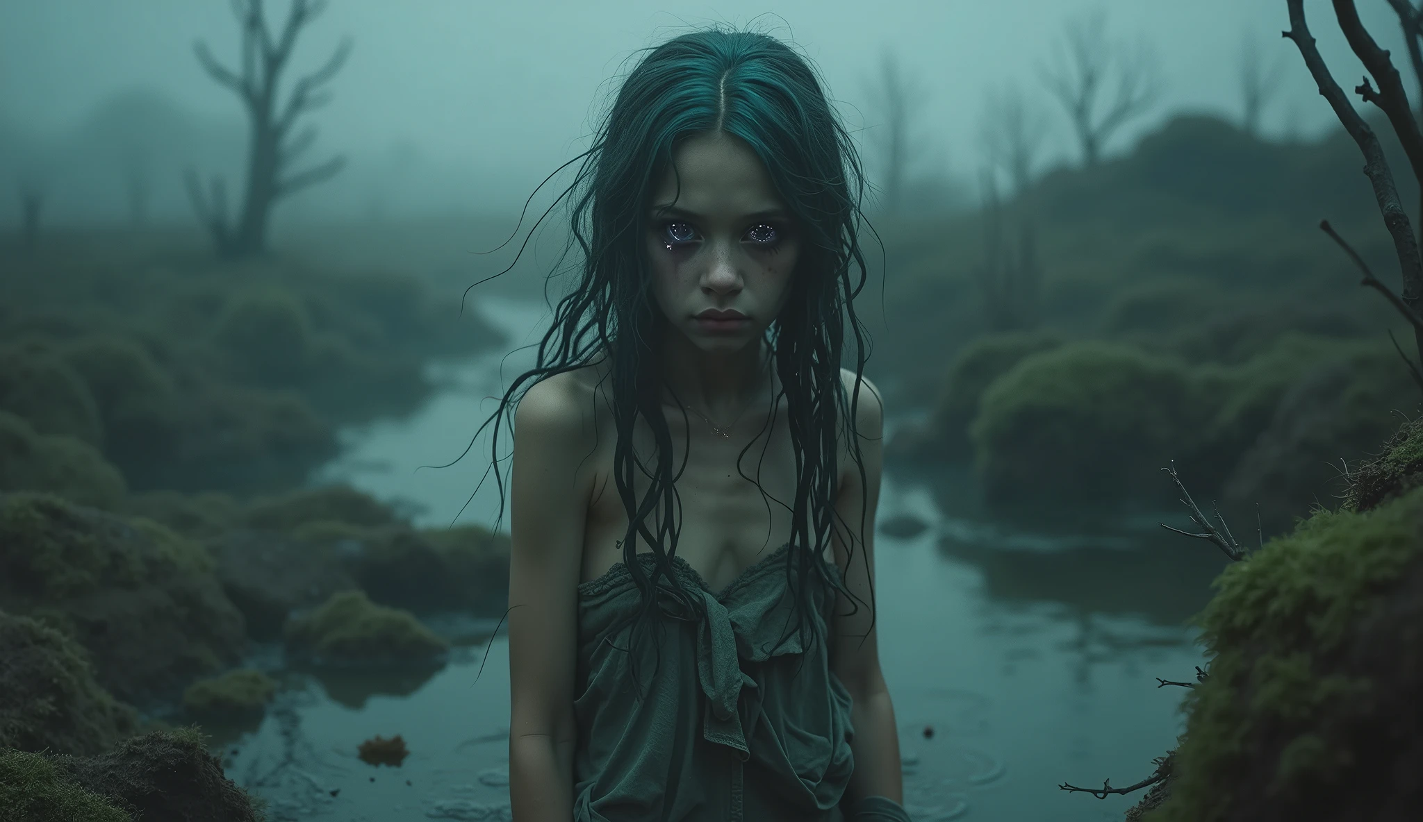 Arafed woman with blue hair and green eyes standing in a swamp - SeaArt AI