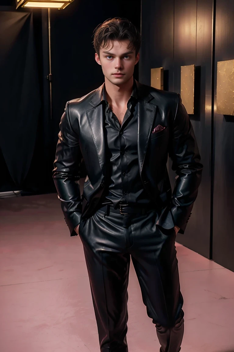Arafed man in a black leather suit standing in a room - SeaArt AI