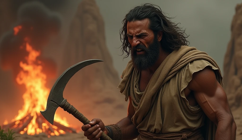 Scene of Cain holding a sickle, with a look of pain and anger - SeaArt AI