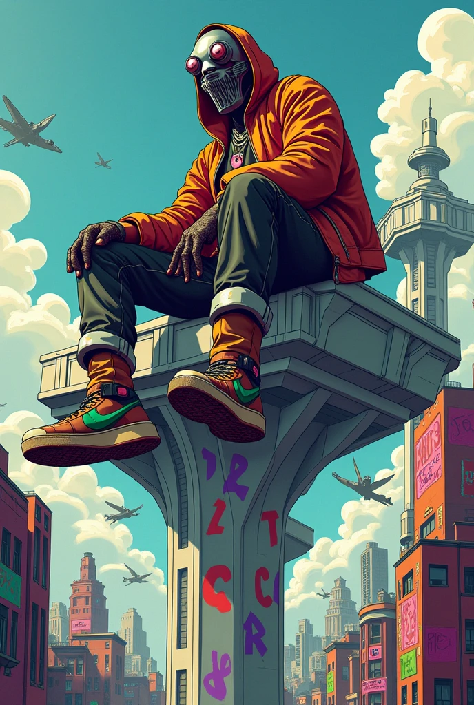 The giant Mf Doom sitting on top of buildings in a floating city ...