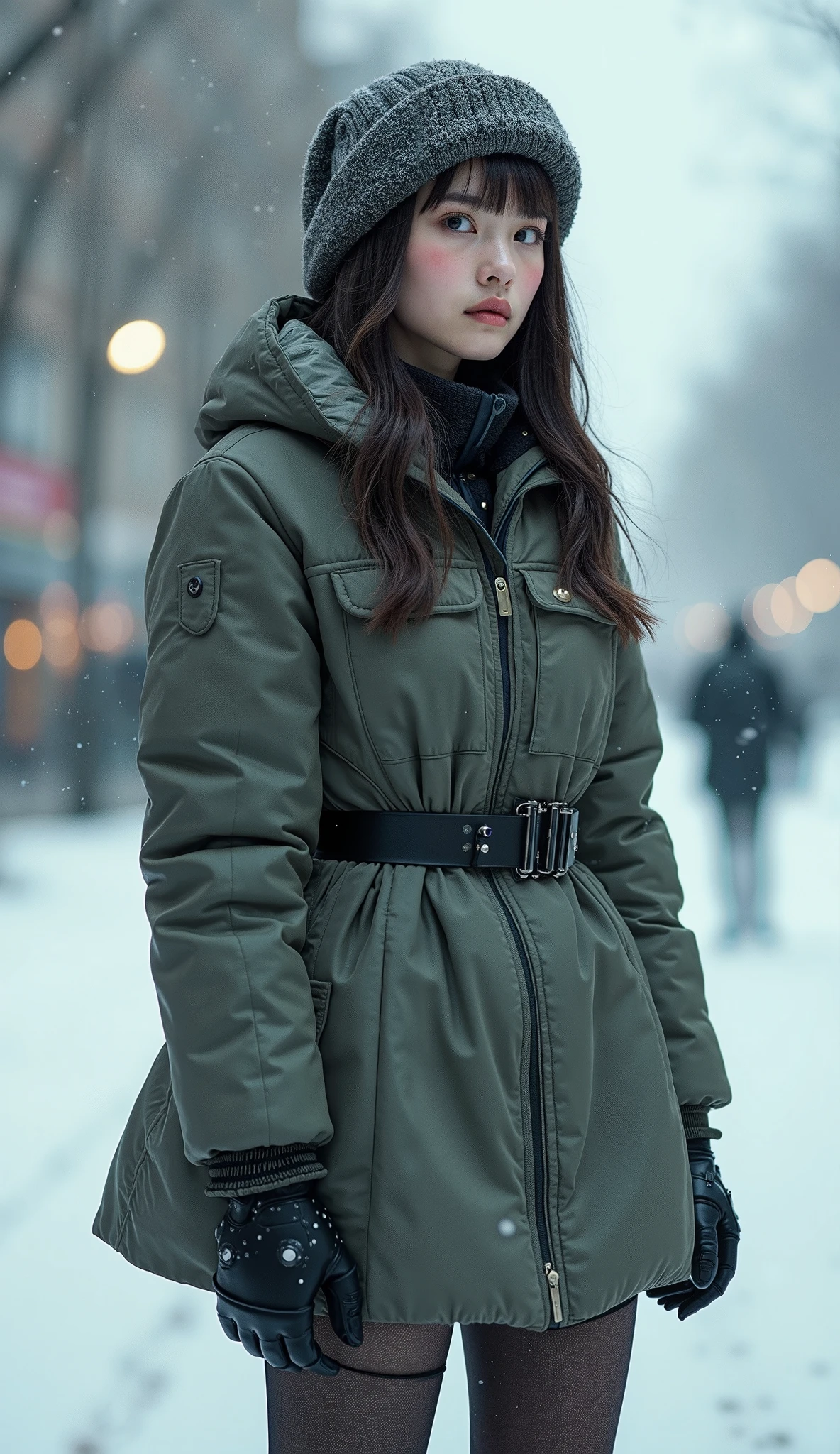 Arafed woman in a green coat and hat standing in the snow - SeaArt AI