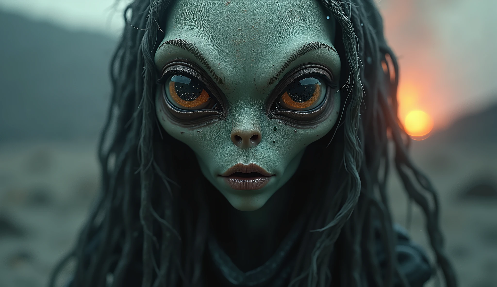 Alien doll with long hair and big eyes in desert setting - SeaArt AI
