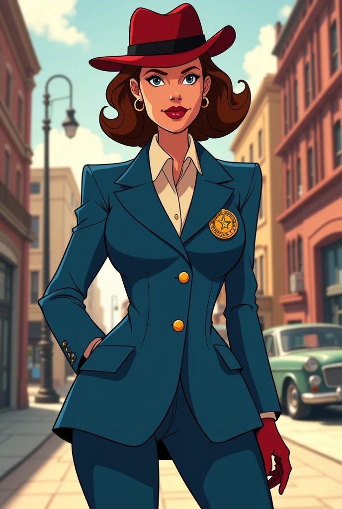 Disney 2D cartoon of the character Agent Carter, with his red hat and blue outf - SeaArt AI