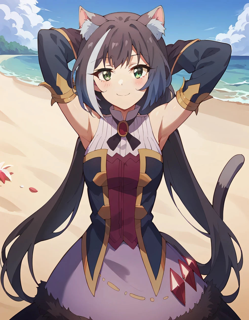Anime girl with long black hair and a cat ears sitting on a beach（karyl ...