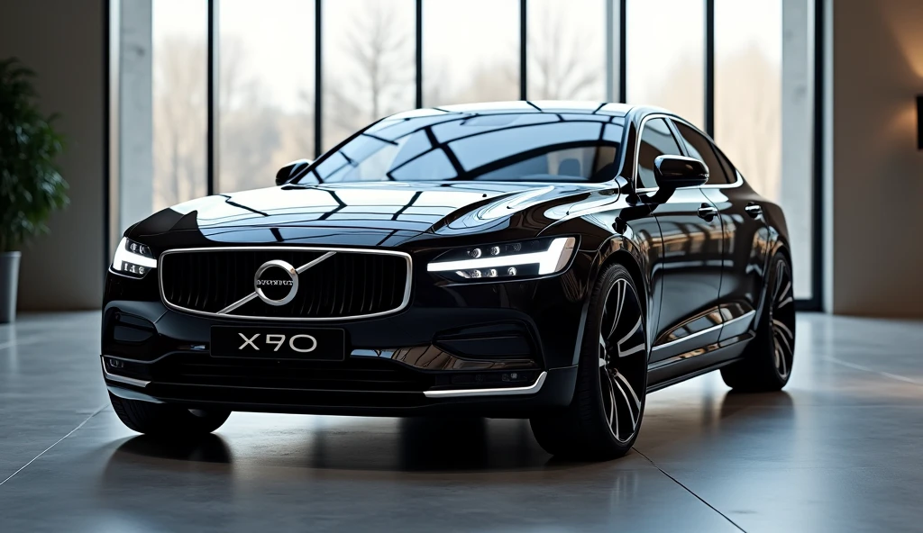 Close front view of painted black with shiny clour modern 2025 volvo ...