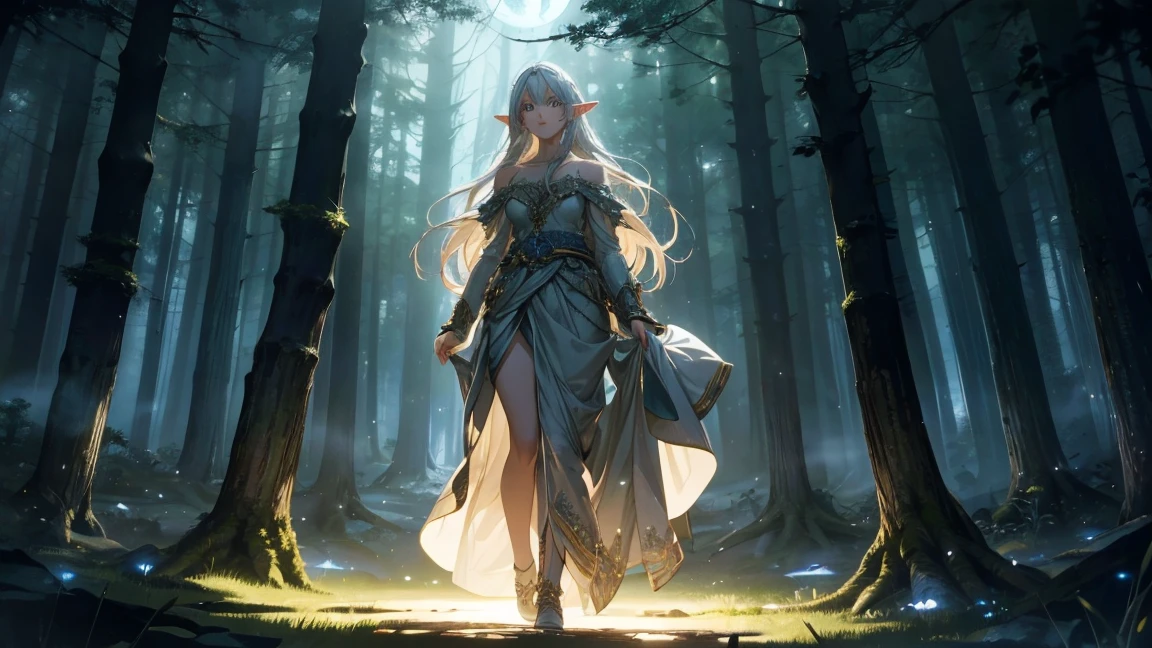 A stunning elf girl standing under the soft glow of a full moon in the ...