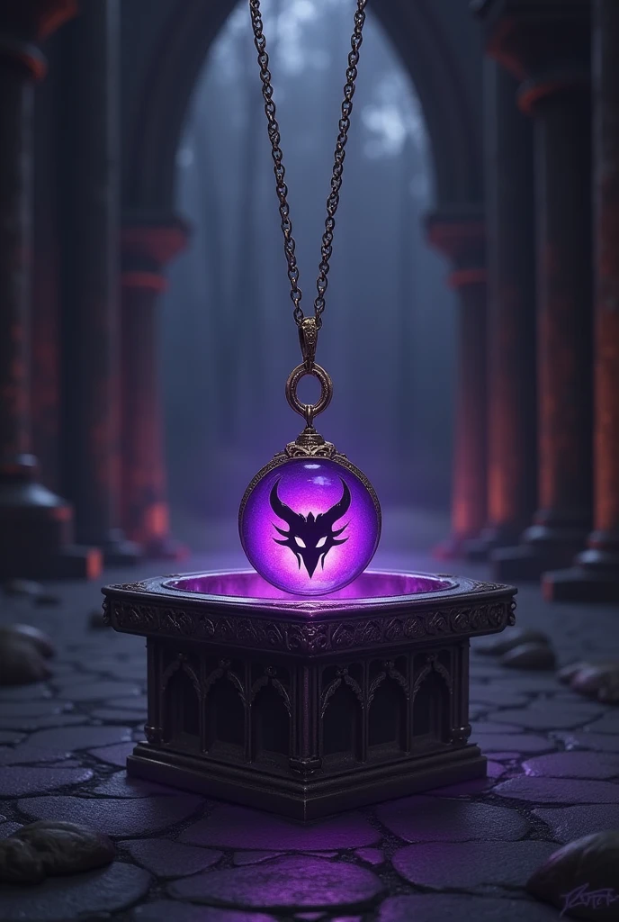 A small violet charm with a black devil emblem on it attached to a gold ...