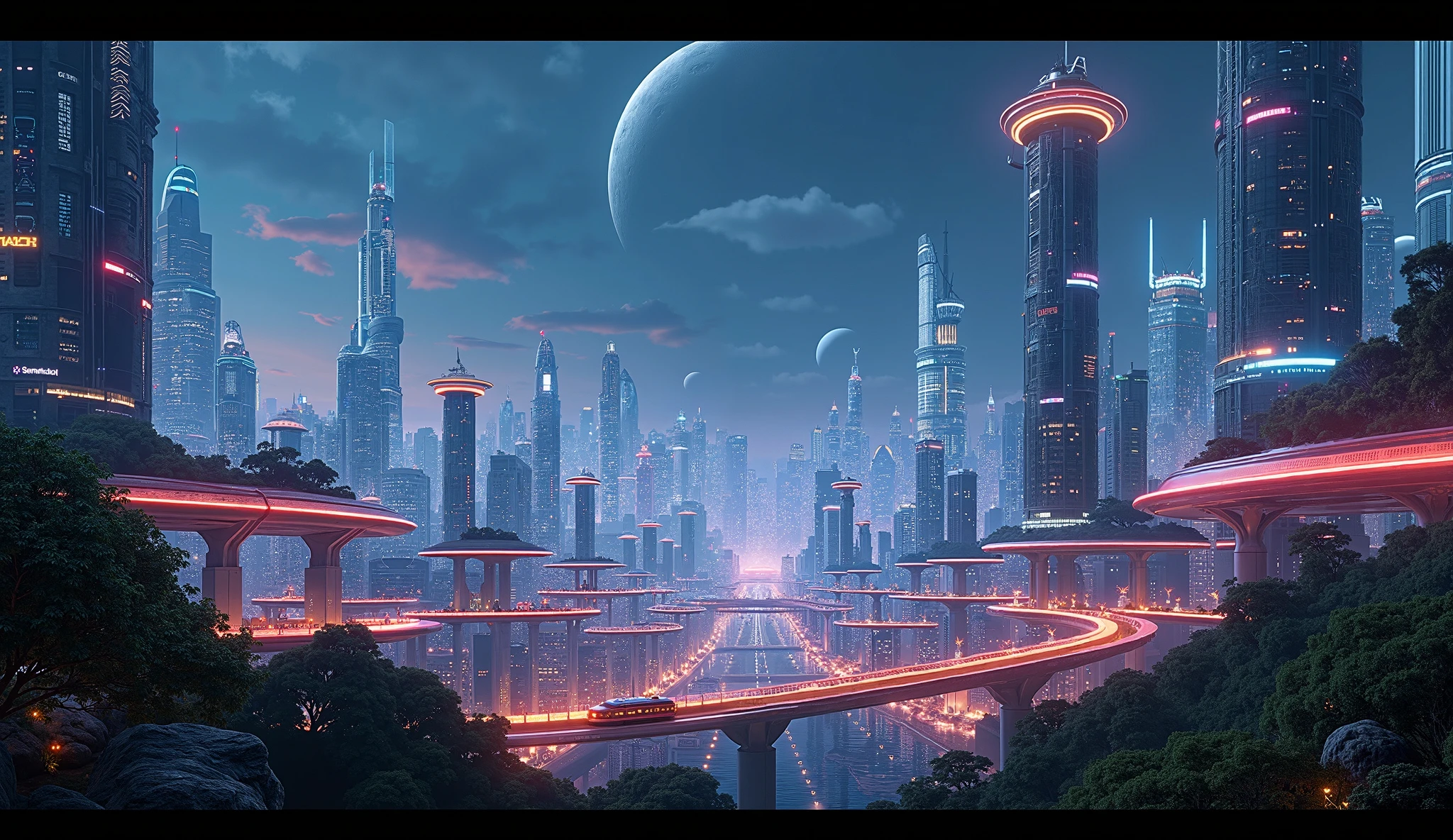 Futuristic city with a futuristic highway and a futuristic moon - SeaArt AI