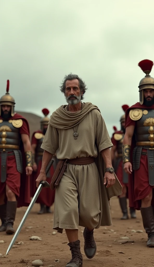 A solemn outdoor scene showing Paul being led by Roman guards to an ...