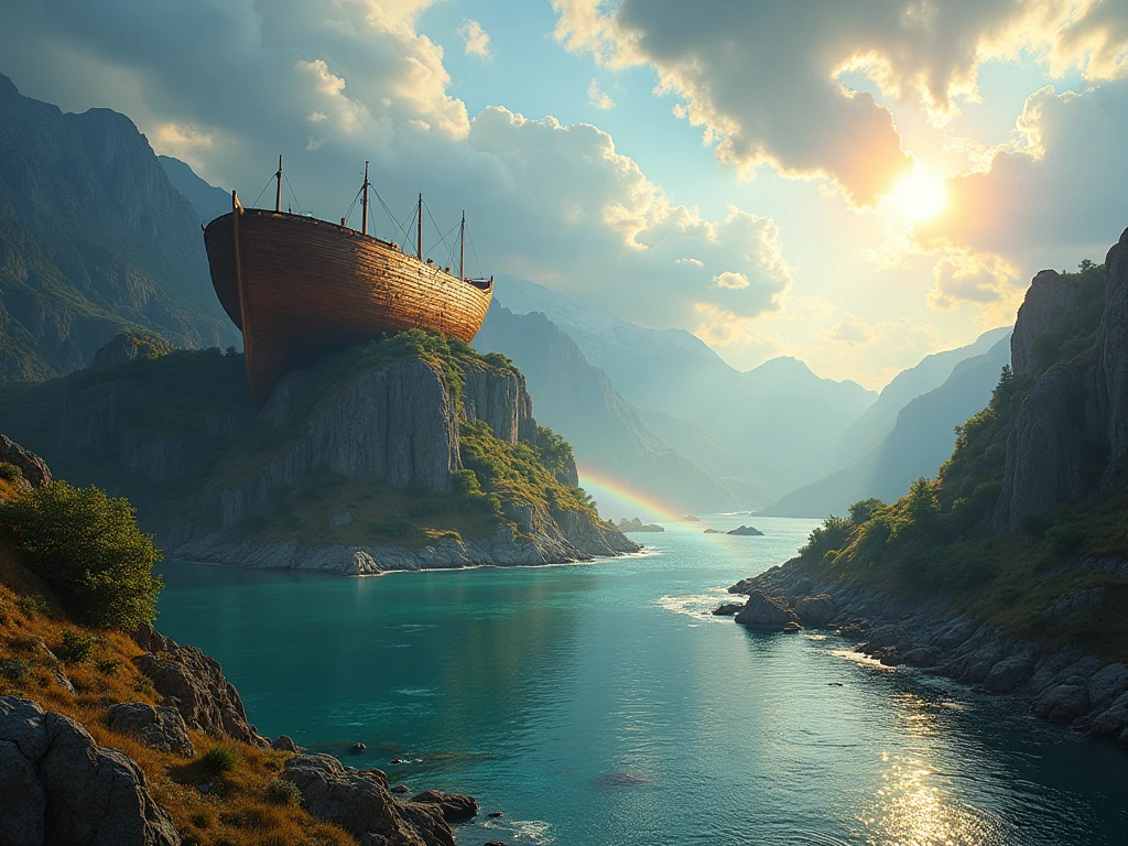 "A majestic scene of Noah's Ark resting atop a mountain as the waters ...