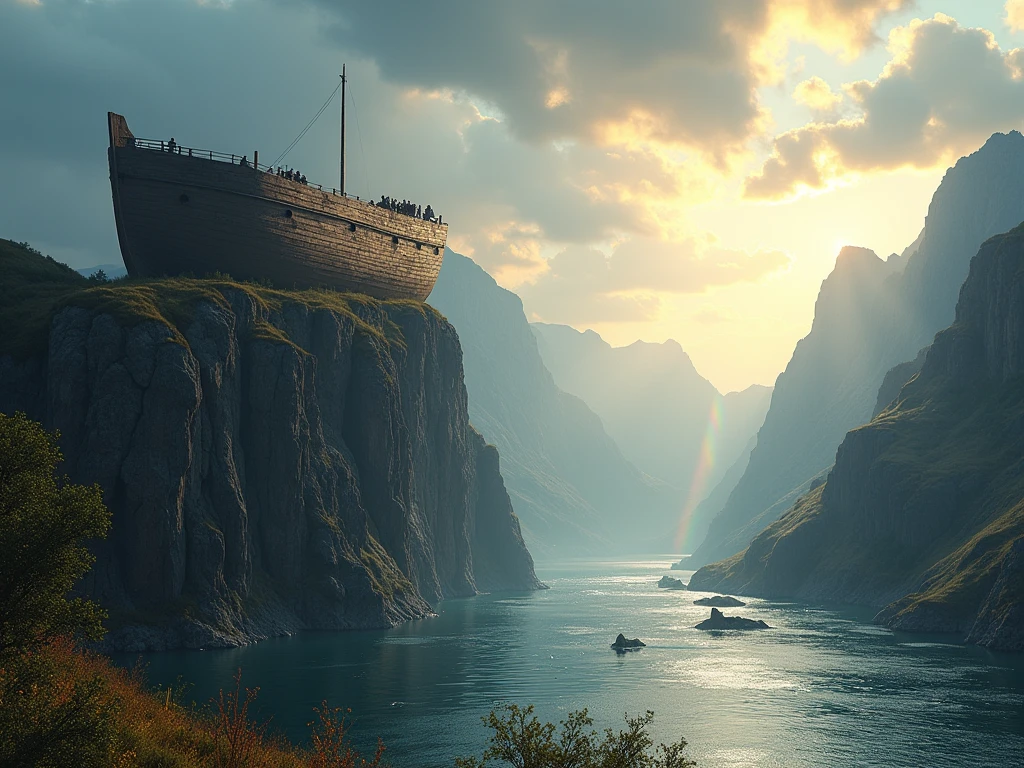 "A majestic scene of Noah's Ark resting atop a mountain as the waters ...