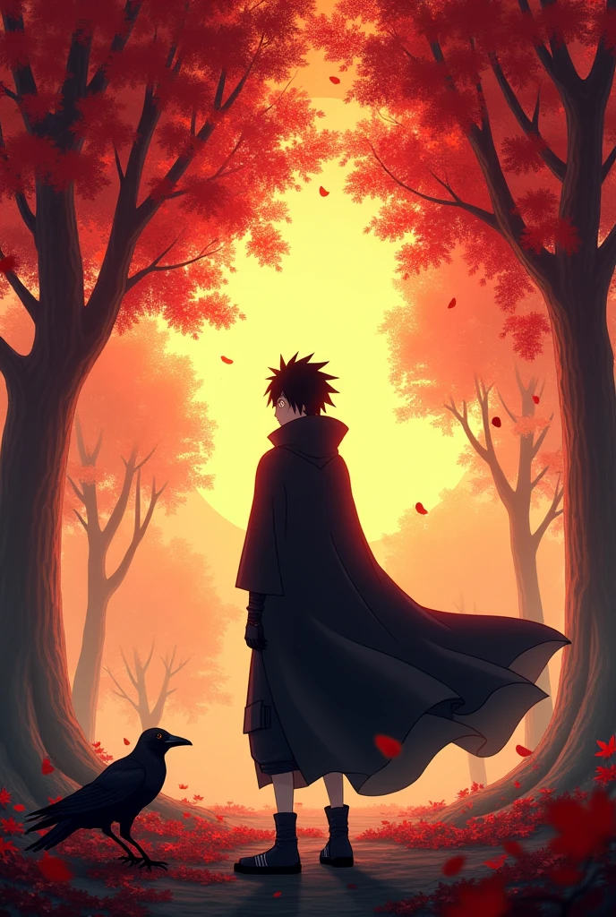 Create an image of Itachi Uchiha standing beneath a canopy of vibrant ...