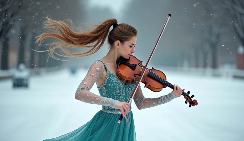 A woman with a violin is ice skating - SeaArt AI