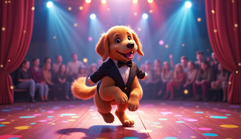 "A lively and joyful scene featuring a well-groomed golden retriever ...