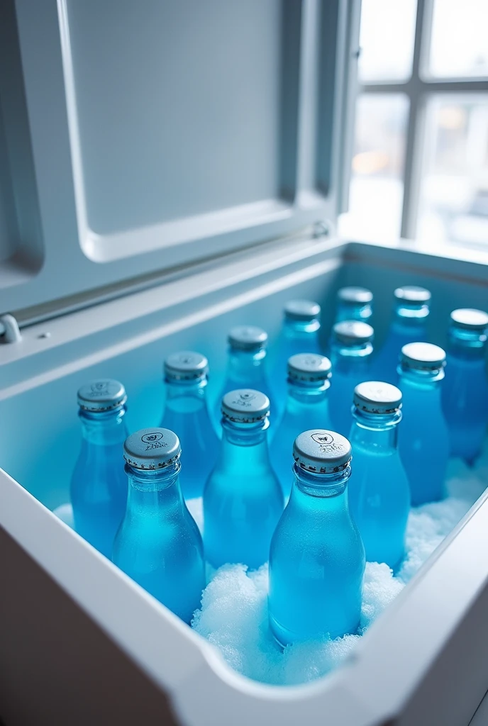 Create a big ice box with thermapole tray storing plastic bottles of ...